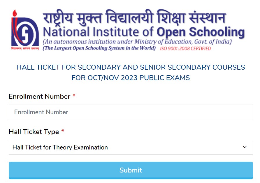 Nios Hall Ticket 2023 Class 10